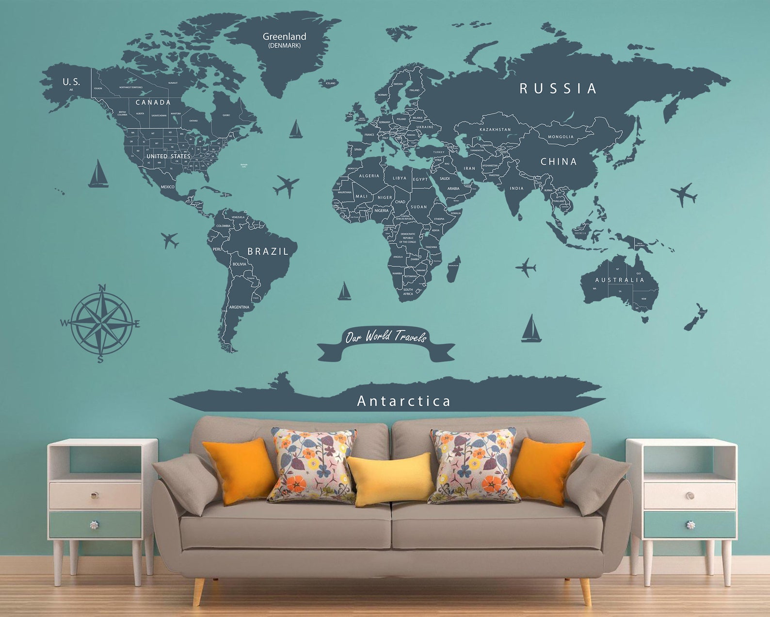 Extra Large World Map Decal Navy World Map Travel Map Decal - Etsy
