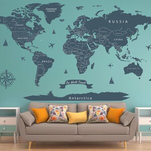 Extra Large World Map Decal Navy World Map Travel Map Decal Push Pin ...