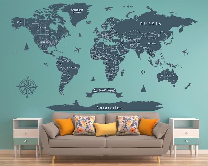 Extra Large World Map Decal Navy World Map Travel Map Decal Push Pin ...
