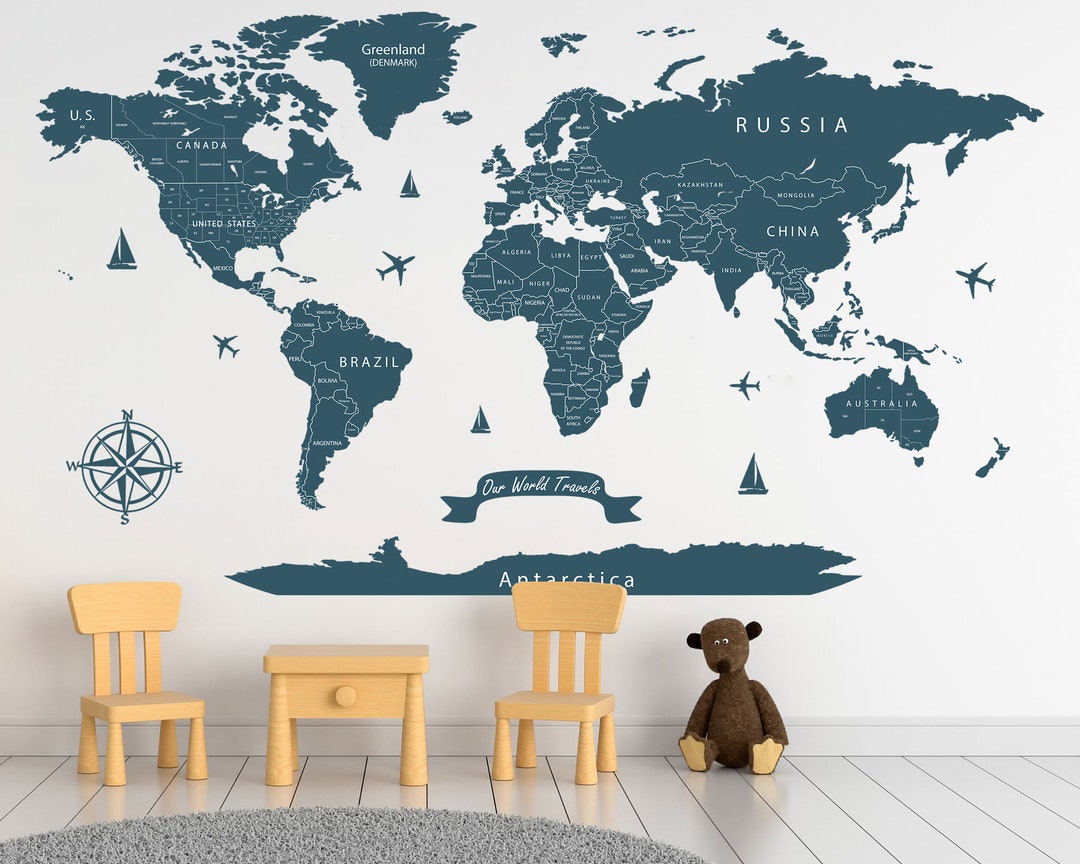 Extra Large World Map Decal Navy World Map Travel Map Decal Push Pin ...