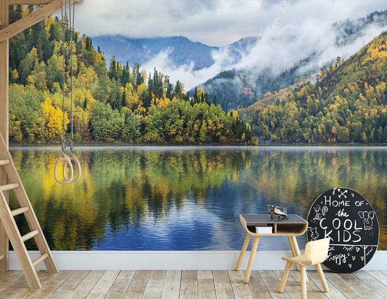 Forest Mountain Lake Wallpaper Peaceful Nature Wall Mural for Cozy Room ...