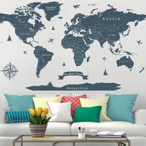 Extra Large World Map Decal Navy World Map Travel Map Decal Push Pin ...