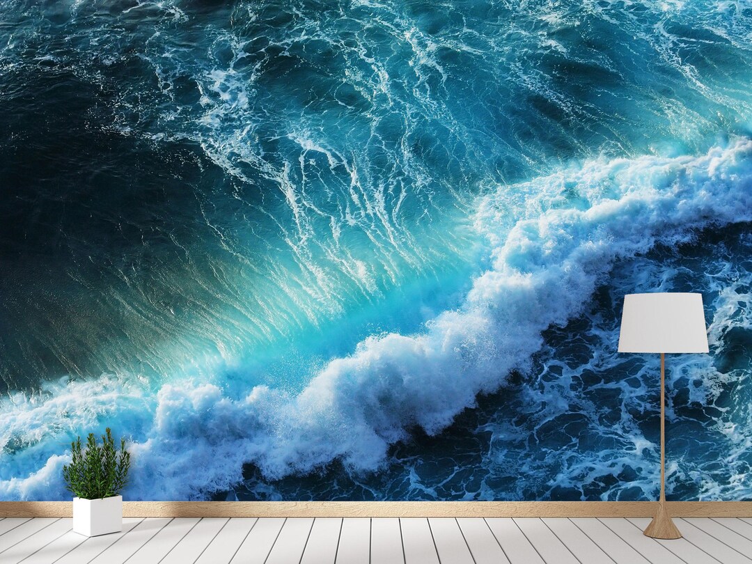 Sea Wave Wallpaper Peel and Stick / Traditional Beach Wallpaper Blue ...