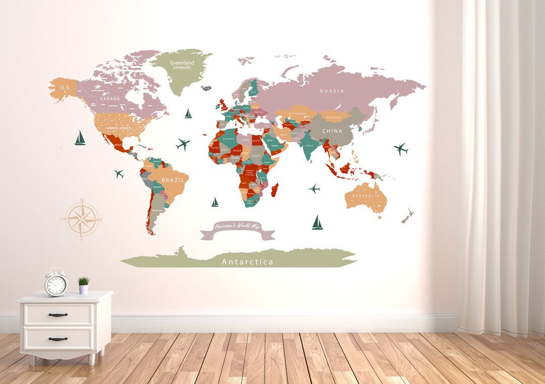 Large Wall Decal World Map With Country Names Map Wall Sticker Push Pin ...