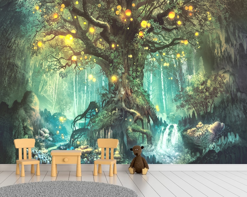 Fireflies on a Fantastic Tree Wall Mural Fantasy Tree Peel and Stick ...