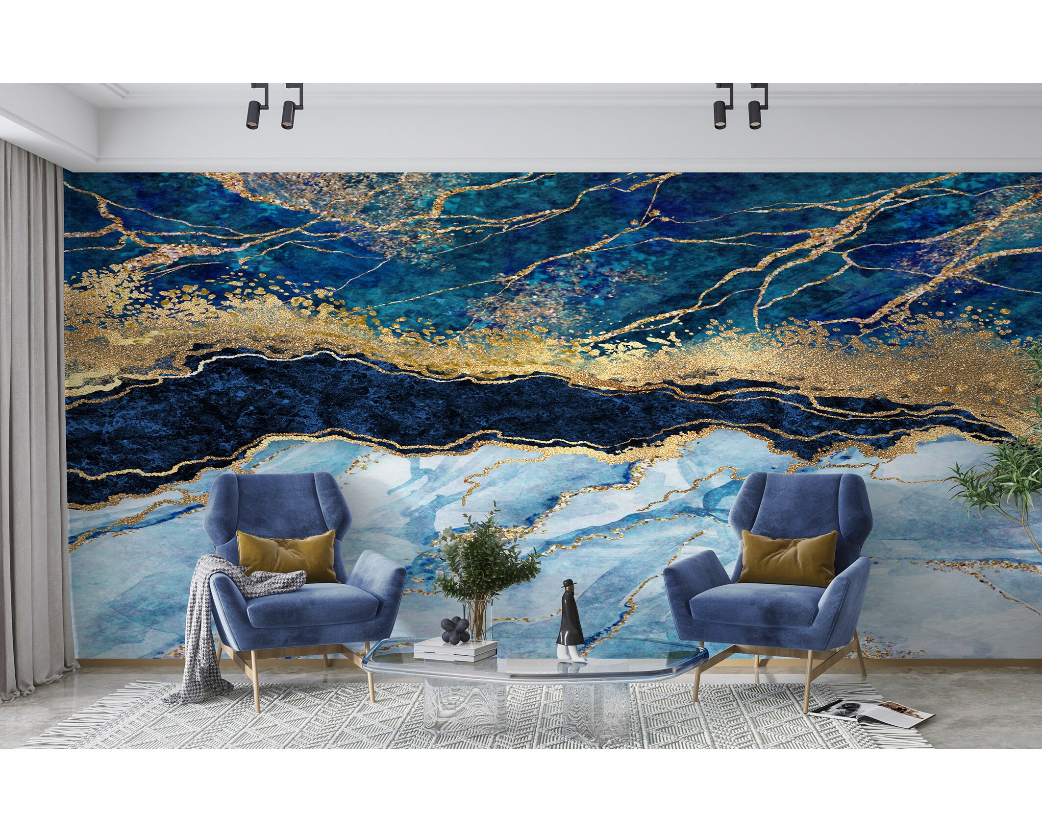 Blue Wall Mural Marble Wallpaper Peel and Stick Dark Navy Blue Abstract ...