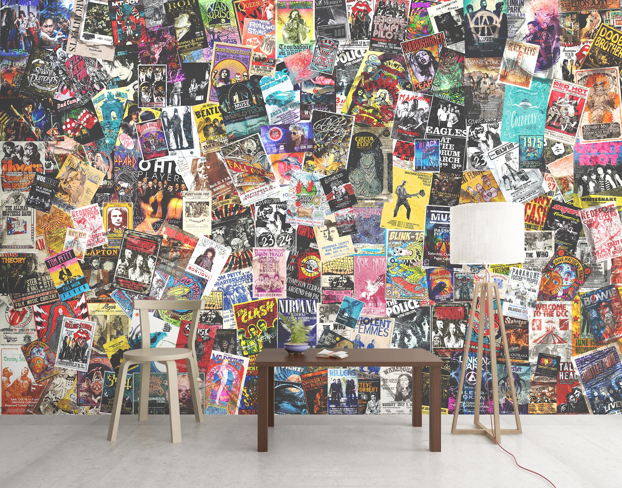 Retro Rock Band Posters Collection Wallpaper – Vintage Music Wall Mural ...
