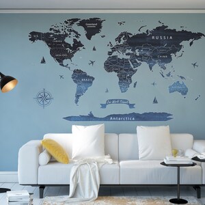 Navy Blue World Map Wall Decal, Travel Decor Extra Large Wall Stickers ...