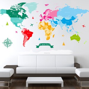 Colorful Map of World Large Wall Decal World Map Wall Sticker Push Pin ...