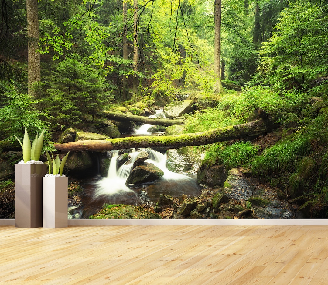 Landscape Forest Waterfall Wallpaper Peel and Stick Mural Wall Decor ...