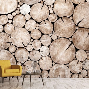 Sawn Wood Logs Mural Wallpaper Scandinavian Round Logs Slice Peel and ...