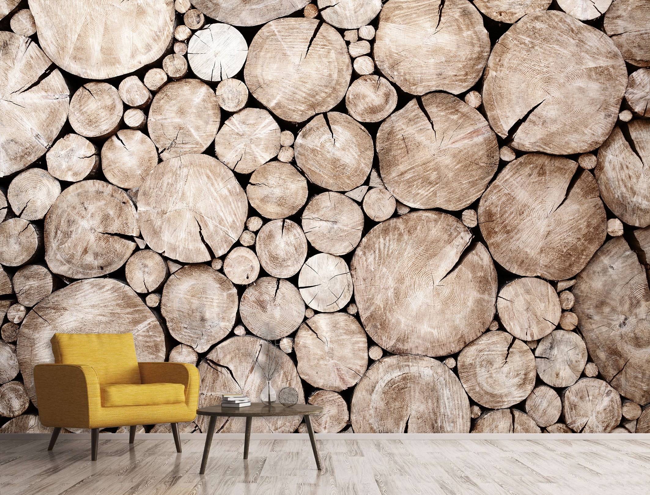 Sawn Wood Logs Mural Wallpaper Scandinavian Round Logs Slice Peel and ...