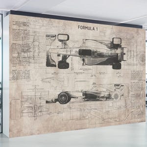 Vintage Blueprint Wallpaper F1 Car Drawing Art Wall Mural Peel and ...