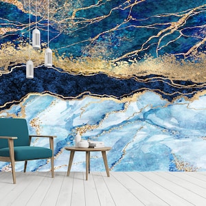 Blue Wall Mural Marble Wallpaper Peel and Stick Dark Navy Blue Abstract ...