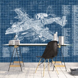 Airplane Blueprint Peel and Stick Wallpaper Mural Artwork Line Drawing ...