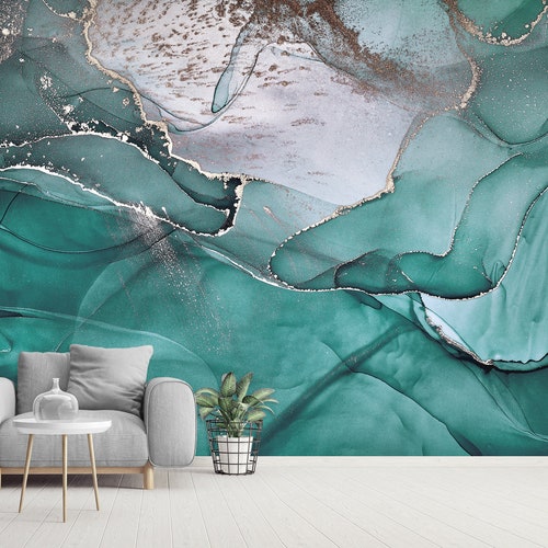 Turquoise Marble Mural Wallpaper Abstract Wall Mural Modern - Etsy