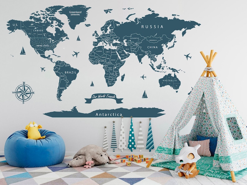 Extra Large World Map Decal Navy World Map Travel Map Decal Push Pin ...