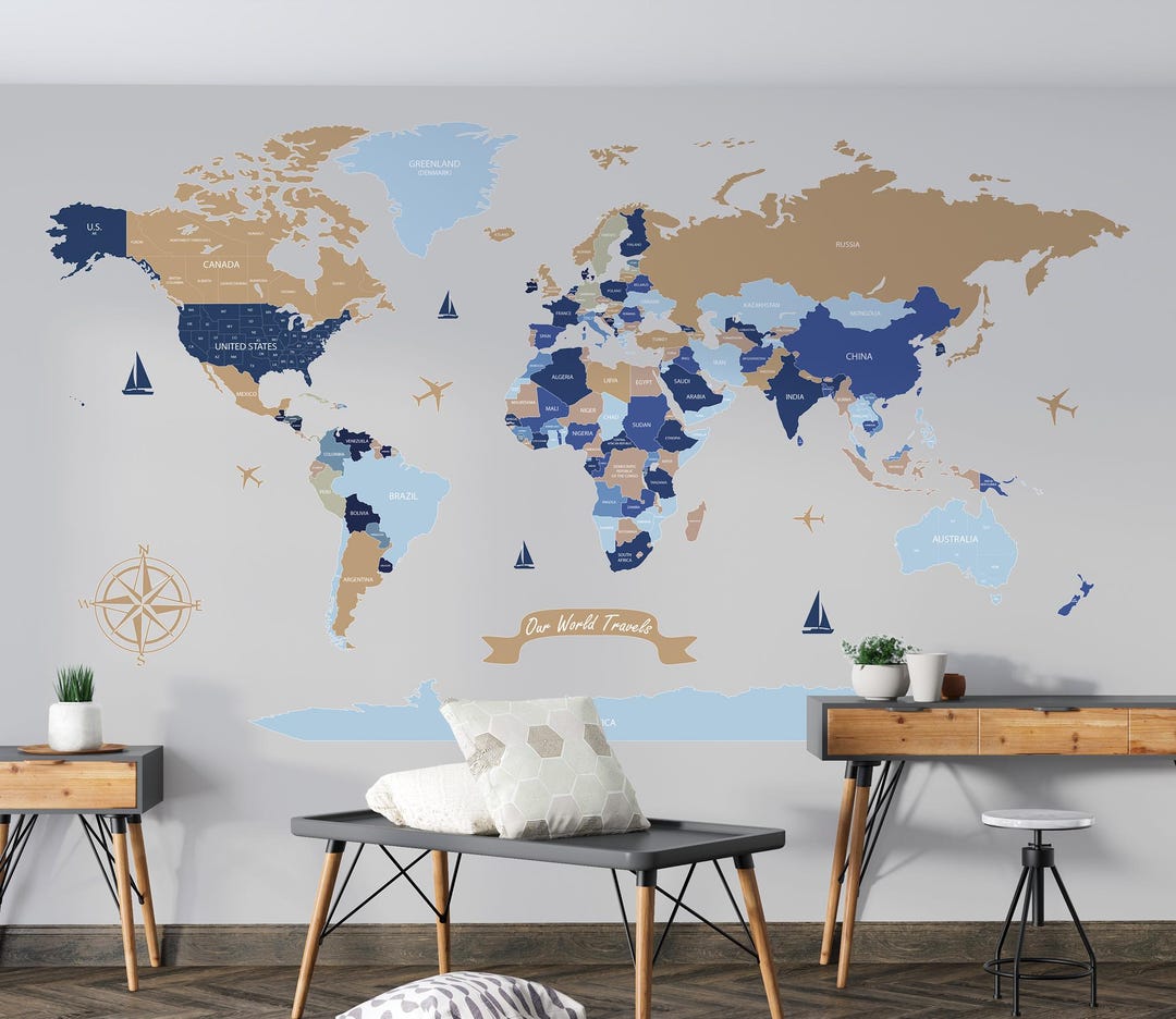 Colorful Map of World Large Wall Decal World Map Wall Sticker Push Pin ...