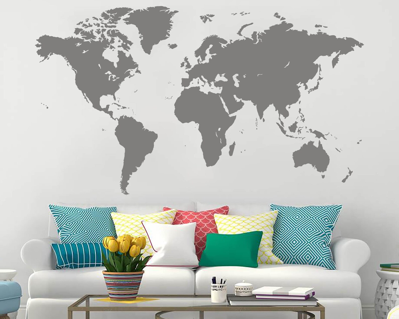 Grey World Map Wall Decal Huge World Map Decor World Travel | Etsy