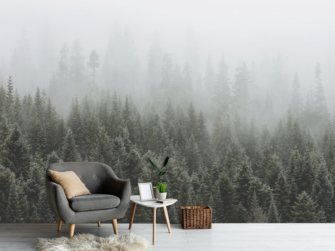 Evergreen Pine Forest Wall Mural Wallpaper Foggy Forest Print - Etsy