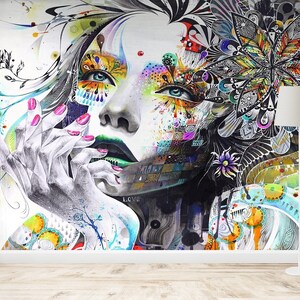 Abstract Girl Face Wall Mural Colorful Graffiti Wallpaper Street Art ...