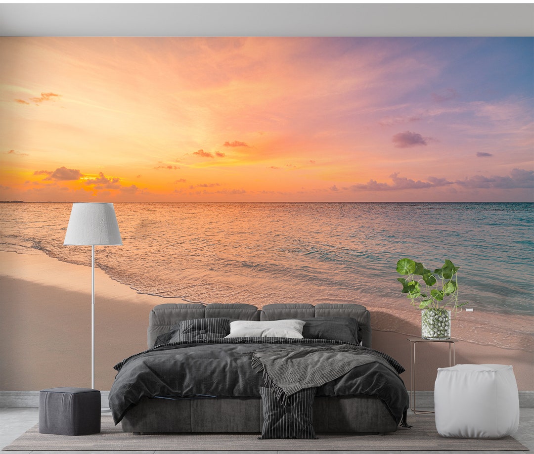 Beautiful Sea Beach Sunset Wall Mural Wallpaper Peel and Stick ...