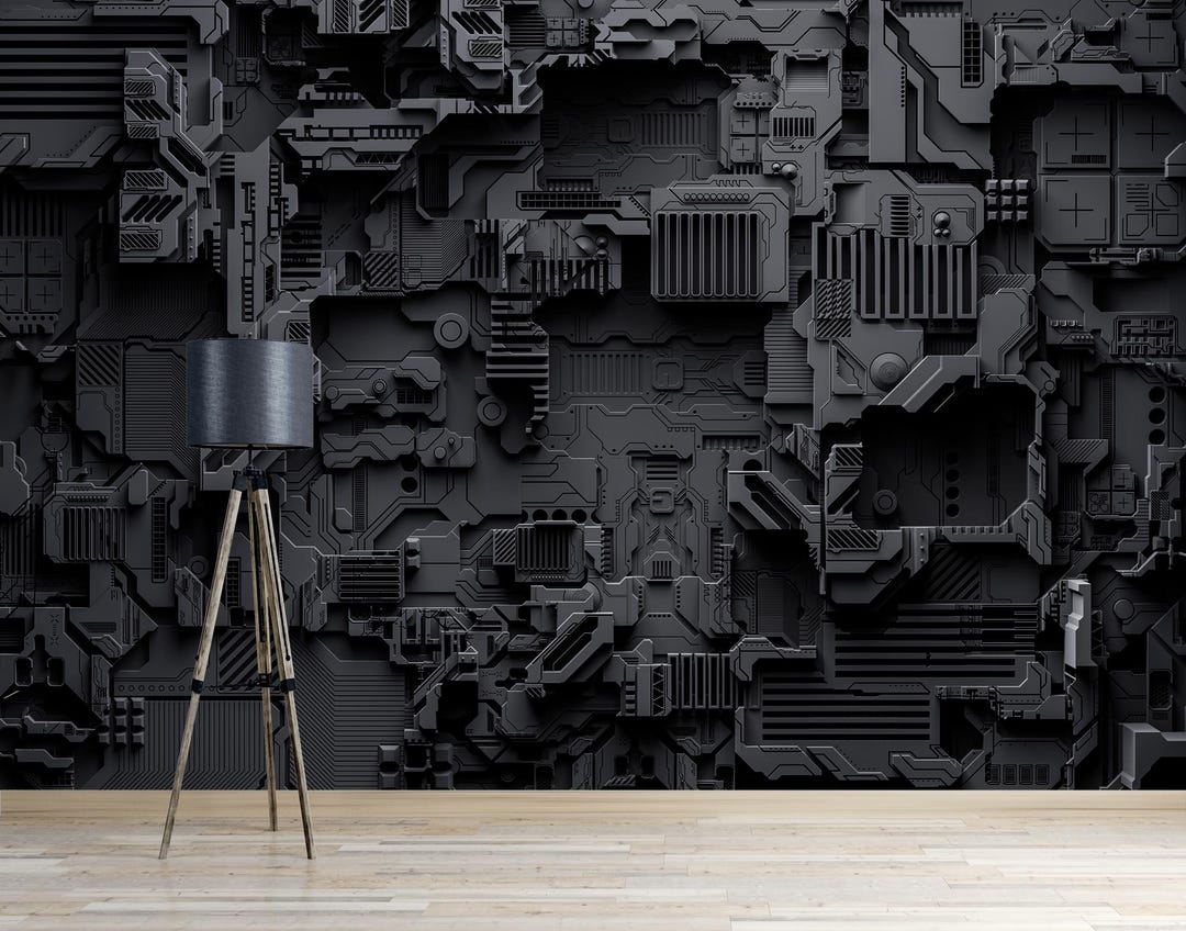 Black Graphic Mural Computer Wallpaper Peel and Stick Black Cyber Tech ...