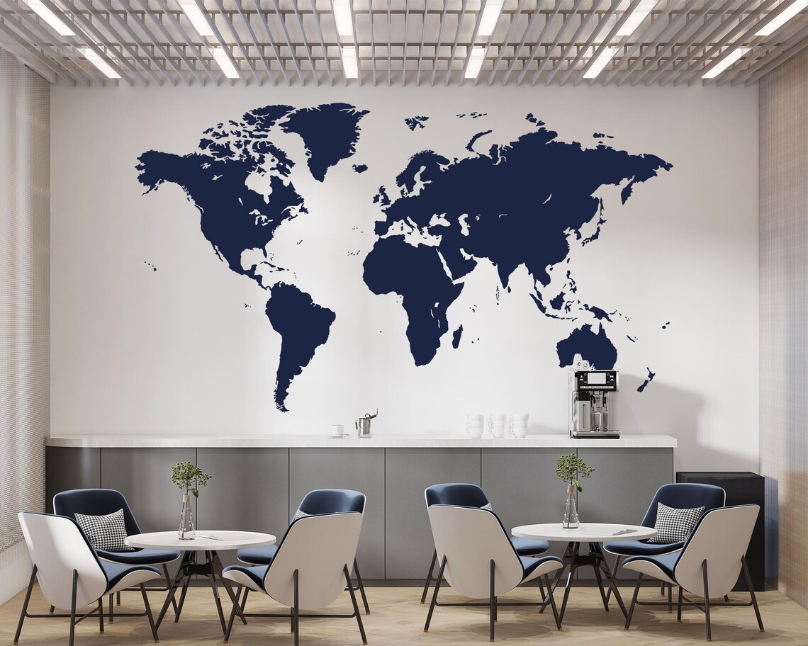 Blue World Map Large Wall Decal Vinyl Wall Sticker - Dark Navy Blue ...