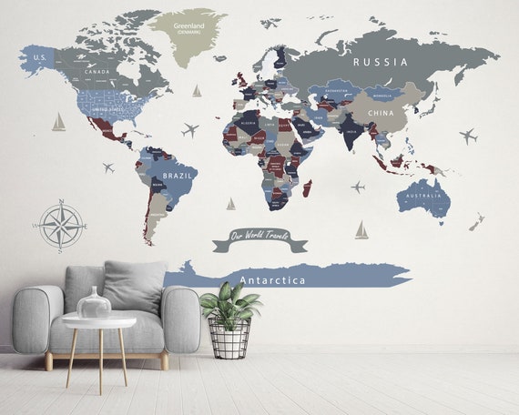 Extra Large World Map Decal Blue World Map Travel Map Decal - Etsy