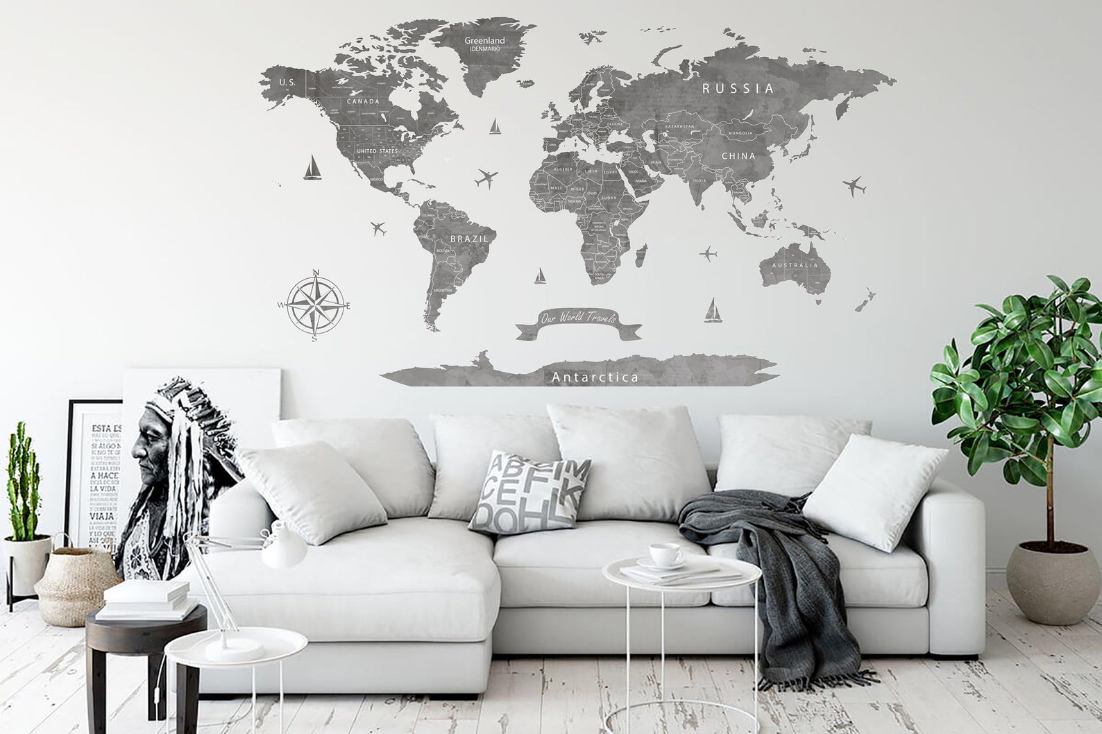 Extra Large World Map Wall Decal Grey World Map Wall Sticker - Etsy