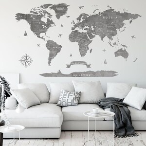 Extra Large World Map Wall Decal Grey World Map Wall Sticker Travel Map ...