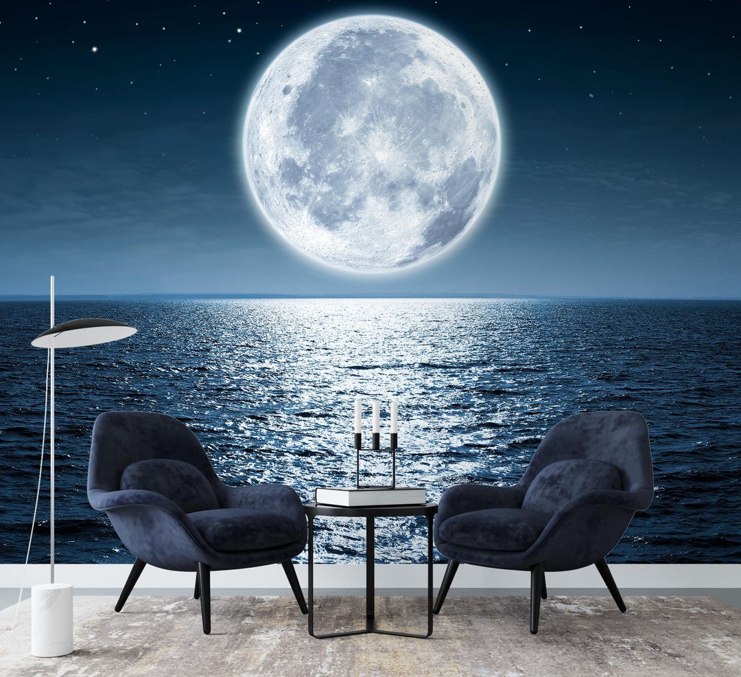 Full Moon Path Night Sea Wallpaper Peel & Stick / Traditional Wall ...
