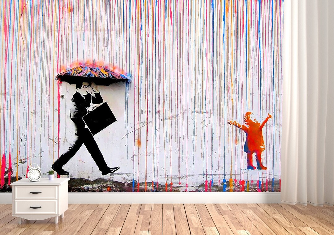 Rainbow Rain Peel and Stick Wallpaper Artwork Coloured Rain - Etsy