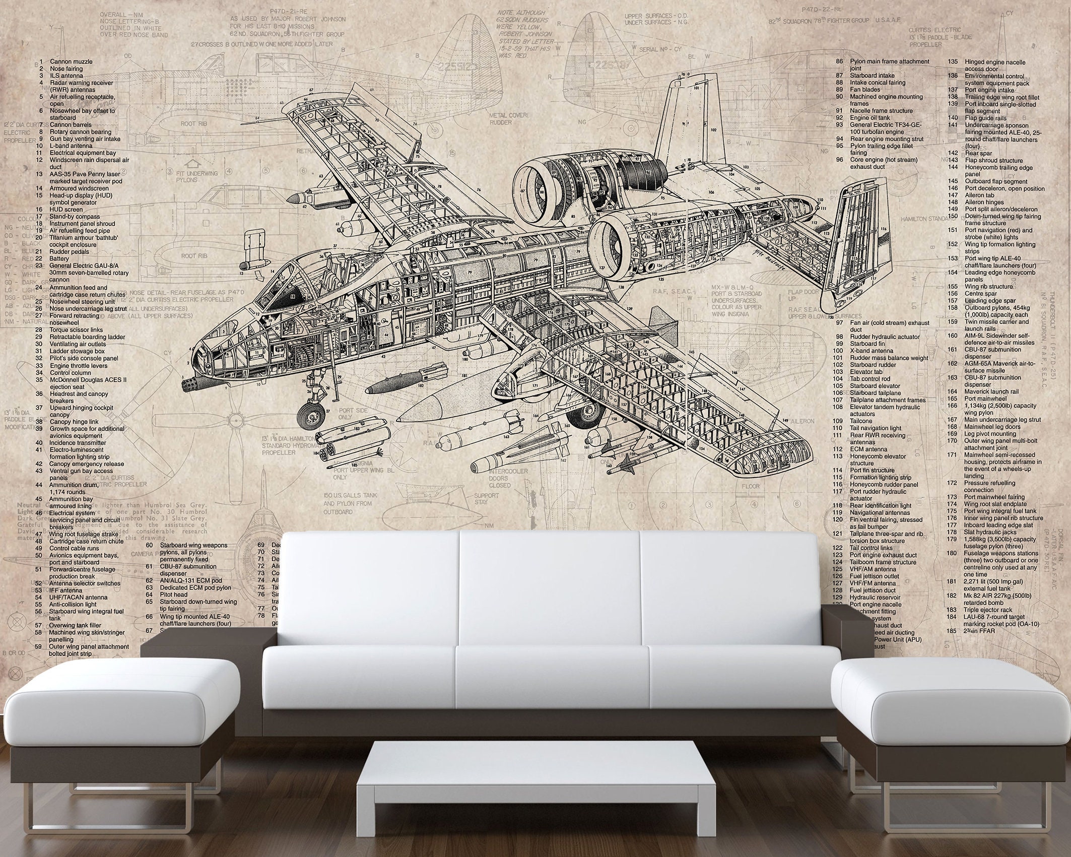 Vintage Blueprint Peel and Stick Wallpaper Airplane Mural Artwork Line ...