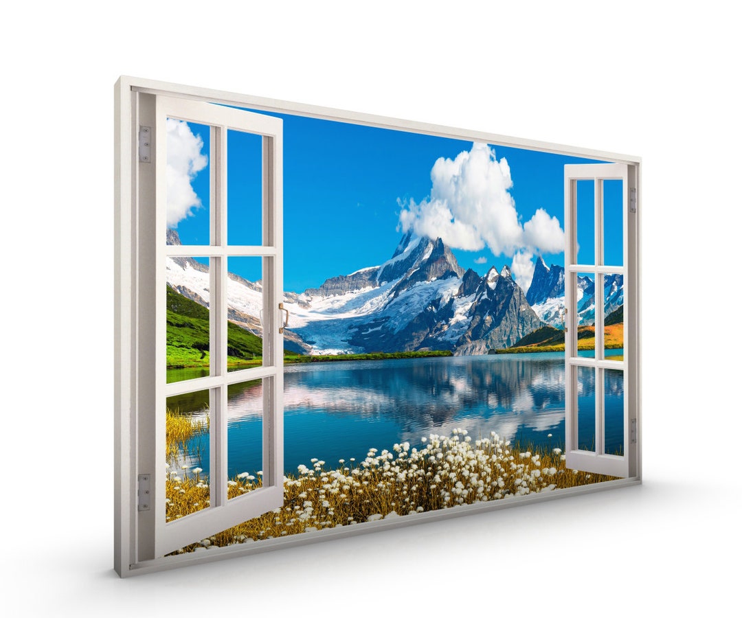 Lake Mountain View Window 3D Effect CANVAS Framed Glossy Premium With ...