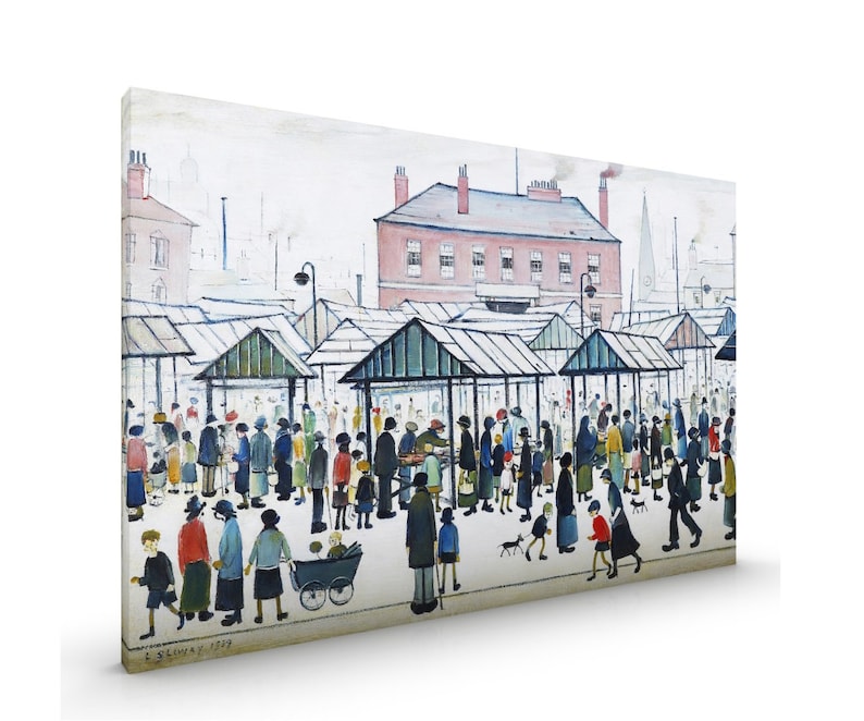Lowry Market Scene Northern Town CANVAS Framed Glossy Coated Premium ...