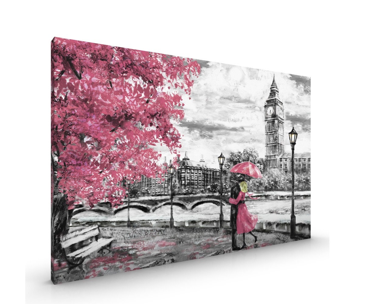 Pink Umbrella Big Ben CANVAS Framed Glossy Coated Premium With Metal ...