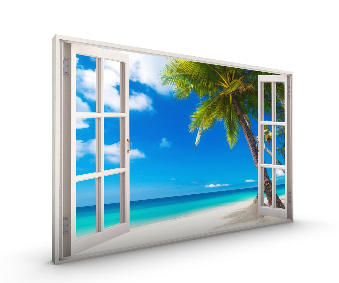 Tropical Beach View Window 3D Effect CANVAS Framed Glossy Premium With ...