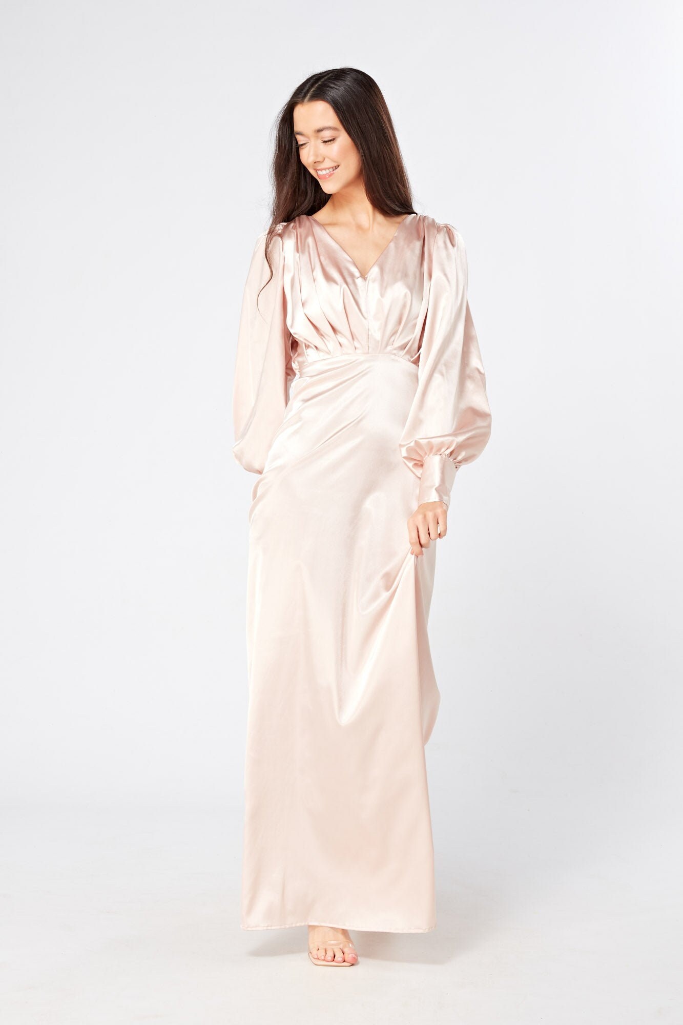 Rosetta Light Rose Pink Satin Maxi Dress With Long Sleeves - Etsy