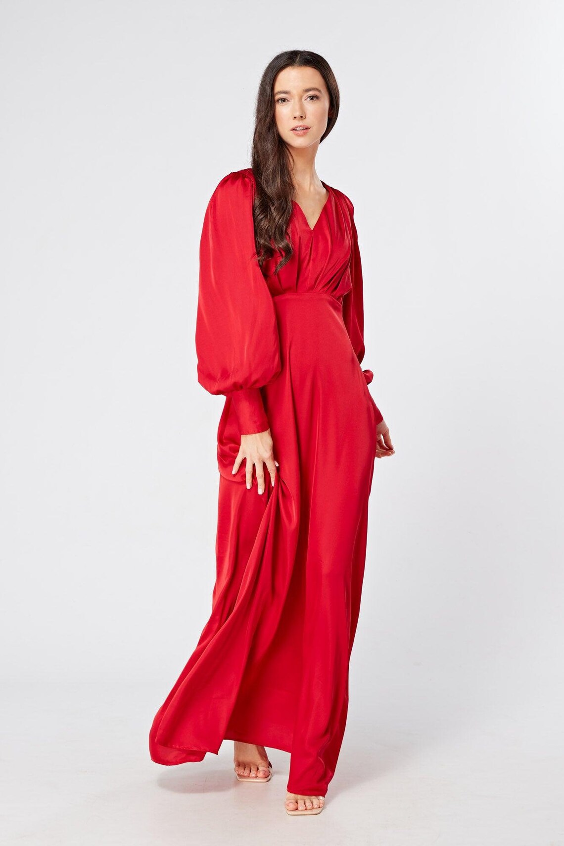 Valeria Scarlet Red Satin Luxury Maxi Dress With Long Sleeves - Etsy