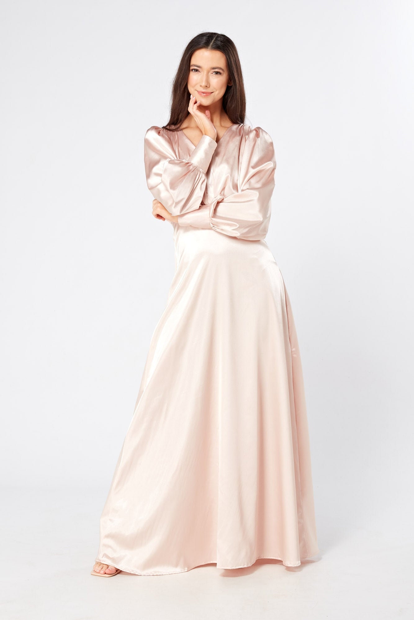 Rosetta Light Rose Pink Satin Maxi Dress With Long Sleeves - Etsy