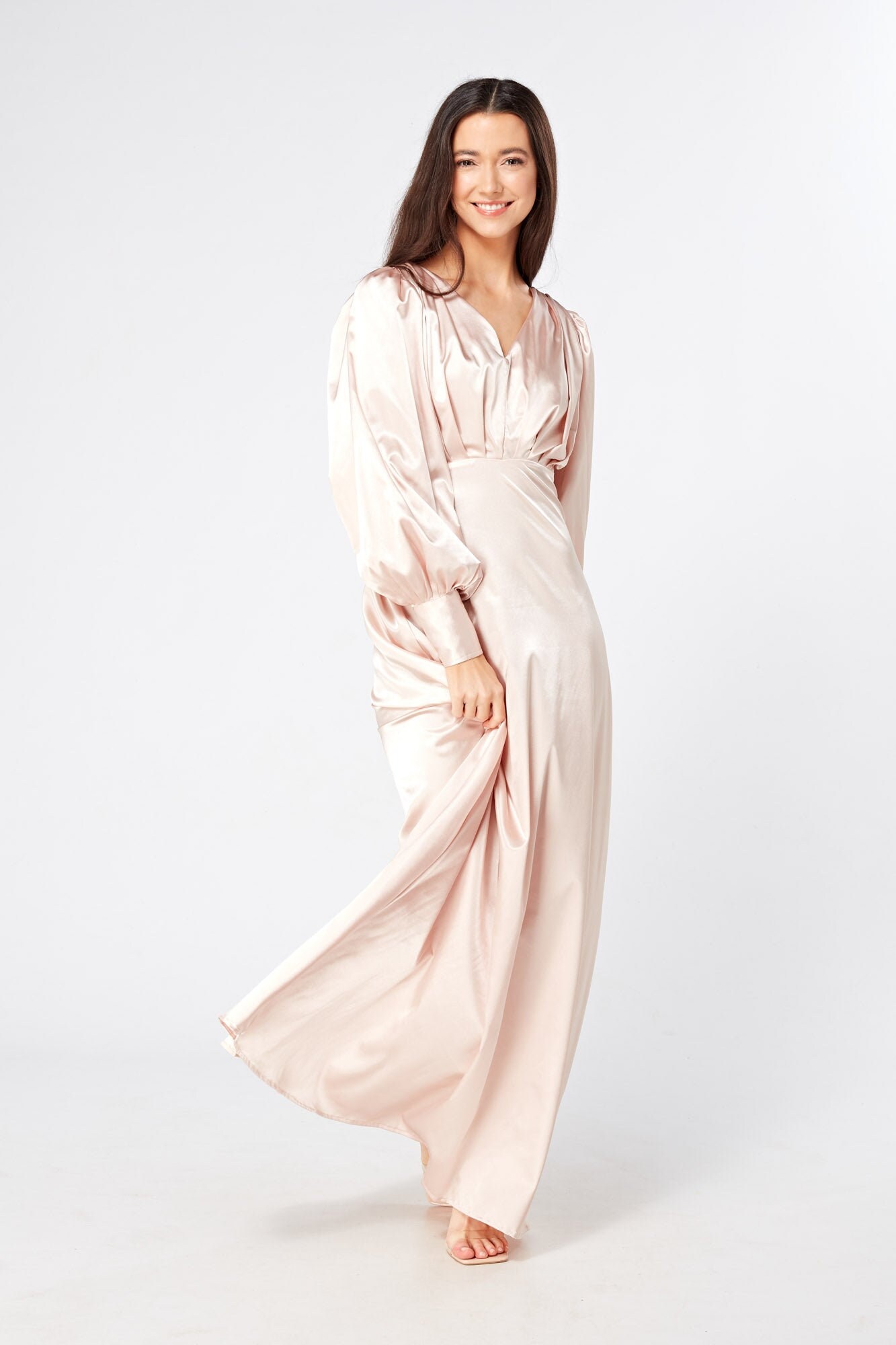 Rosetta Light Rose Pink Satin Maxi Dress With Long Sleeves - Etsy
