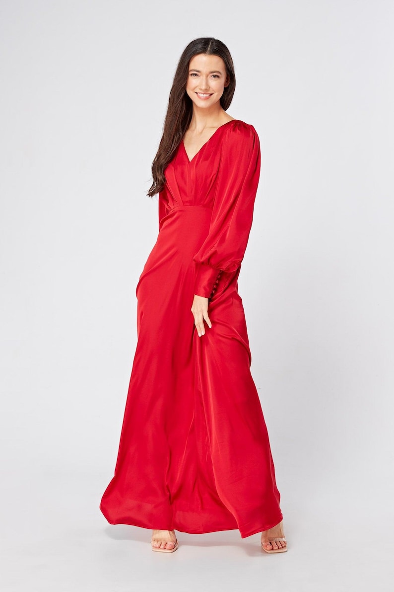 Valeria Scarlet Red Satin Luxury Maxi Dress With Long Sleeves - Etsy