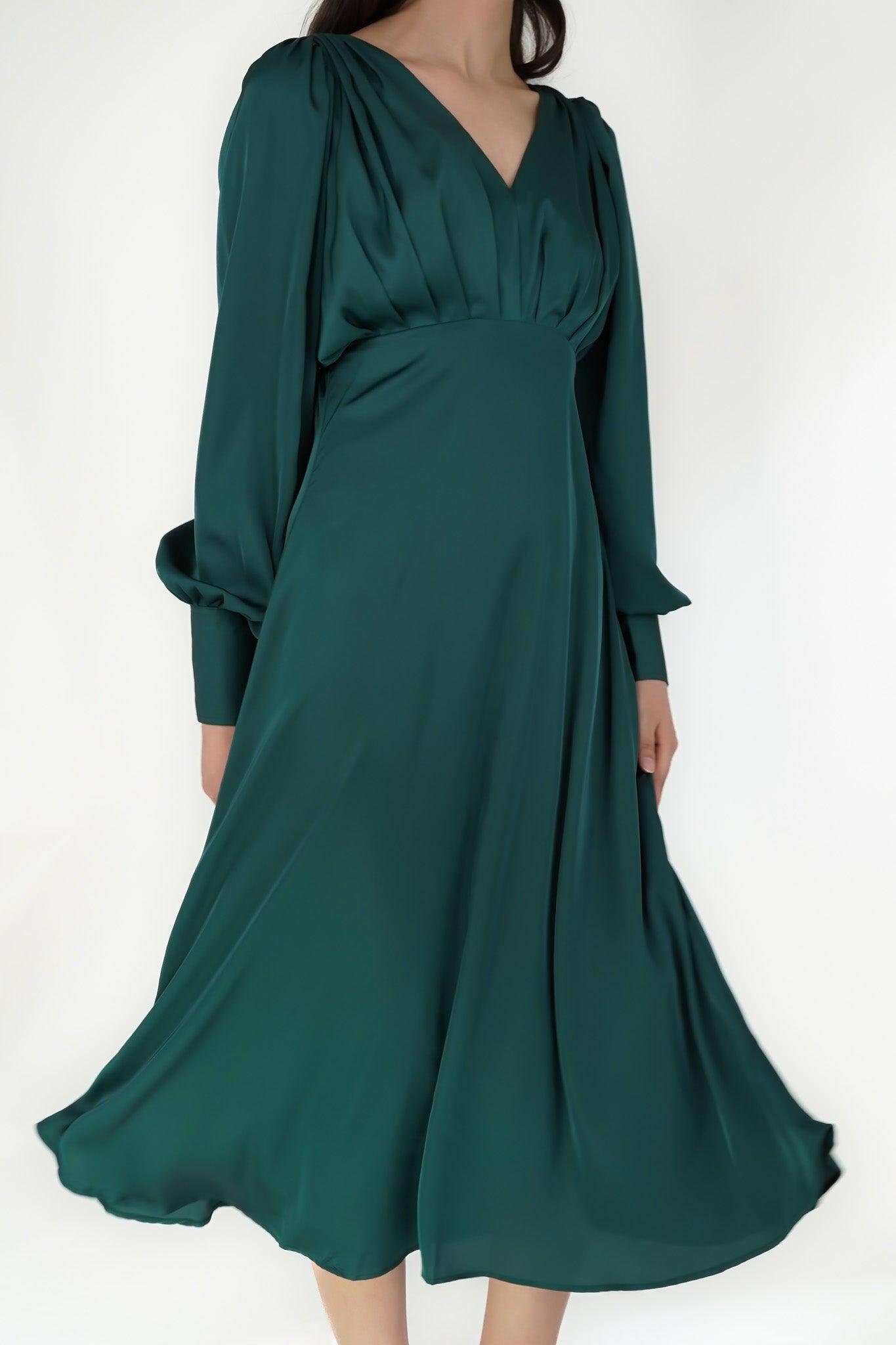 Zarina Emerald Green Luxury Matt Satin Midi Dress With Long Sleeves - Etsy
