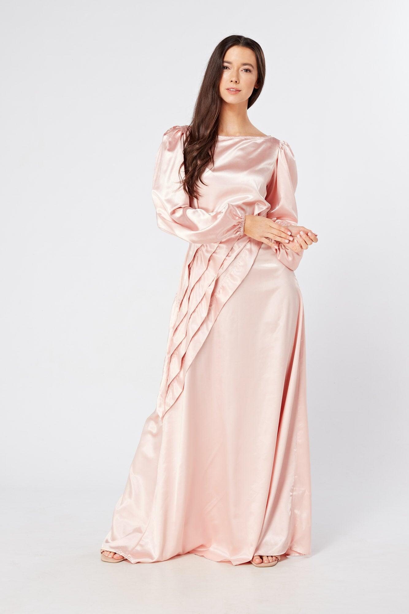 Seraphina Pink Satin Maxi Dress With Long Sleeves - Etsy