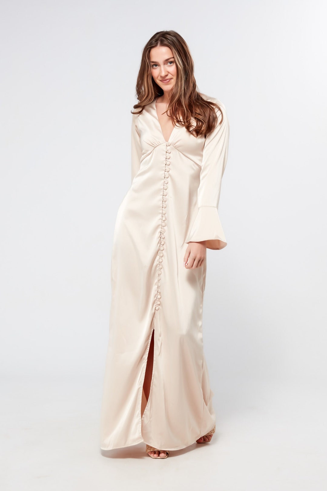 Zulma Matte Champagne Satin Button Front Robe Maxi Dress - Etsy
