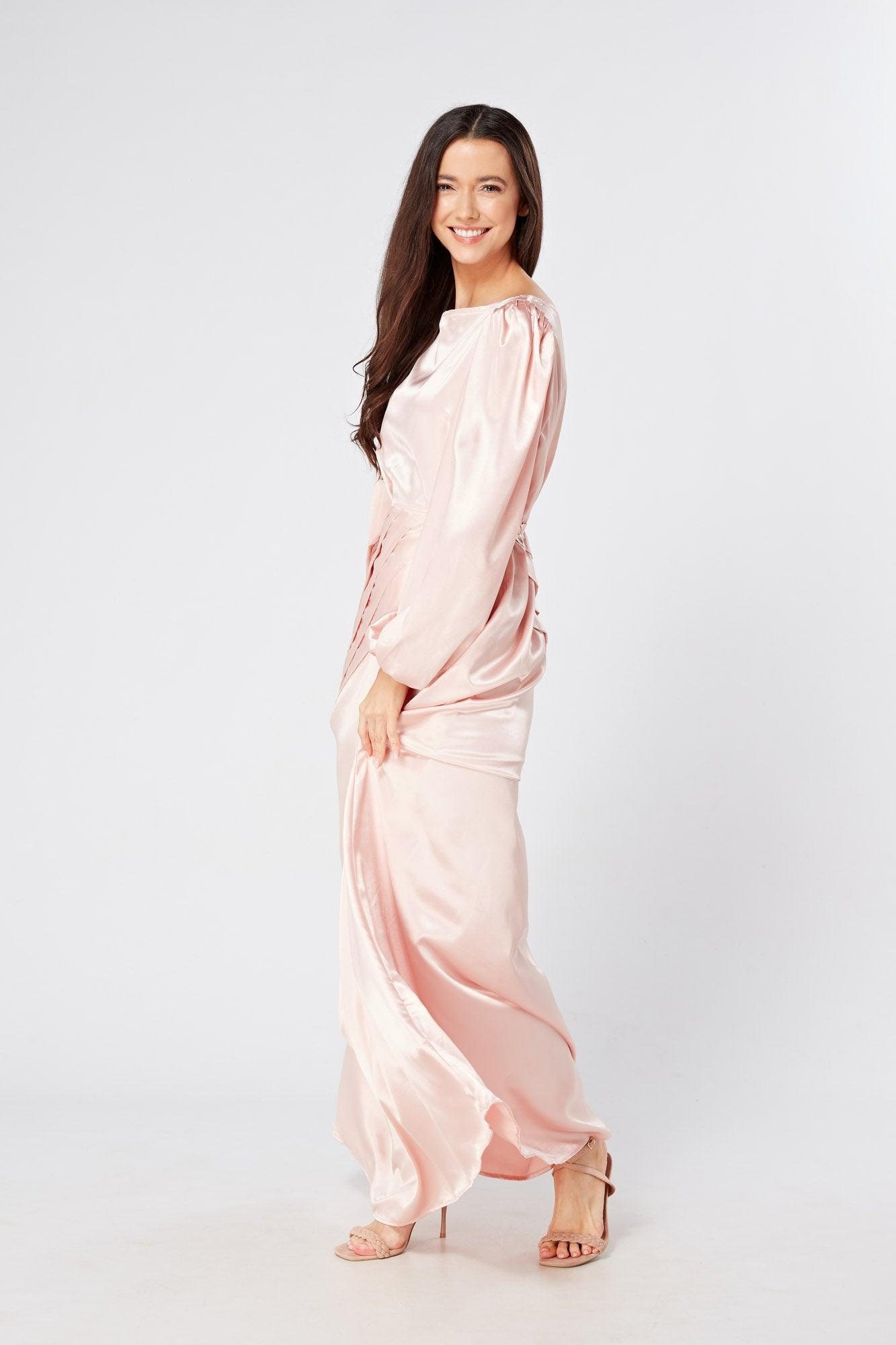 Seraphina Pink Satin Maxi Dress With Long Sleeves - Etsy