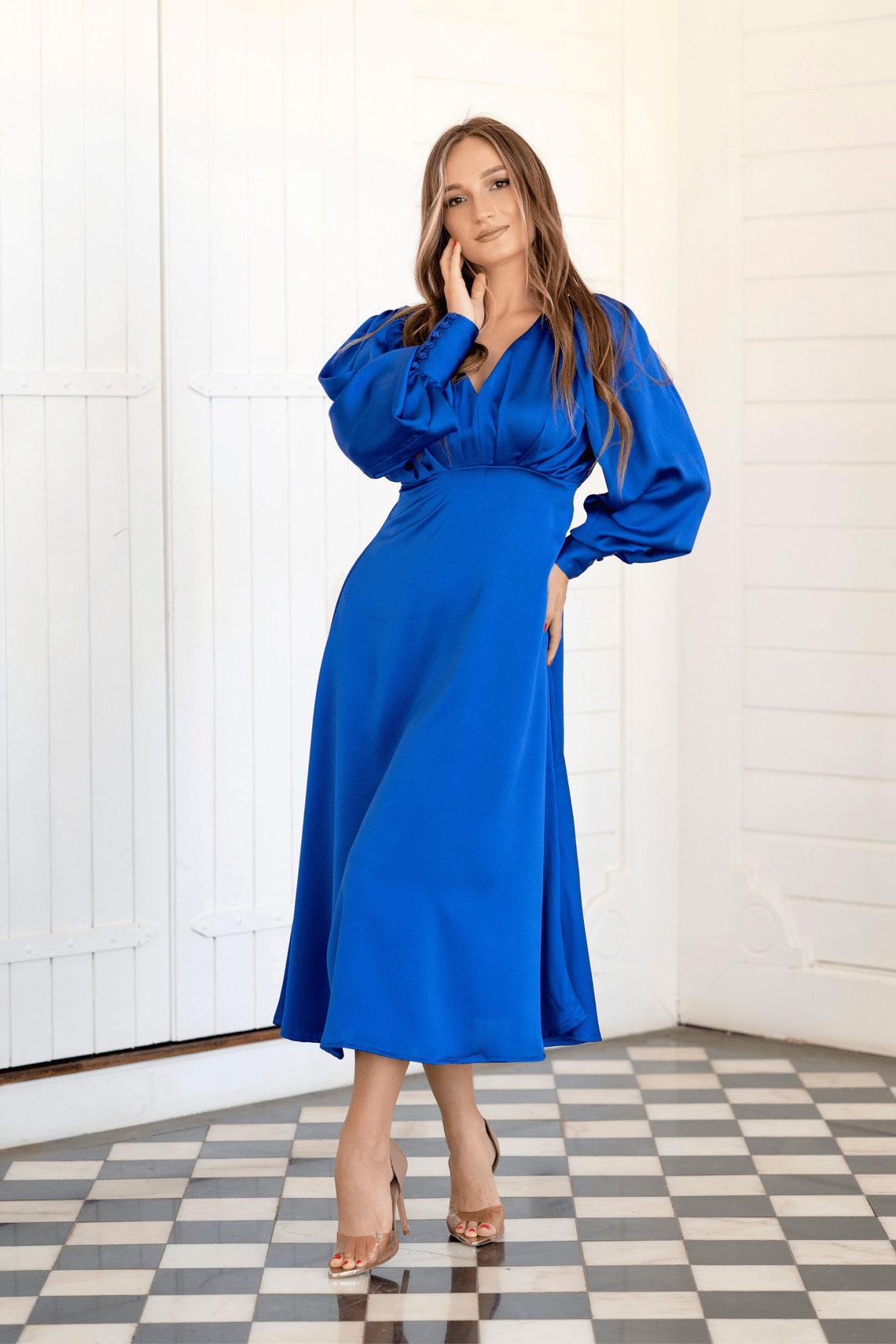 Azurine Cobalt Blue Satin-feel Midi Dress With Long Sleeves - Etsy