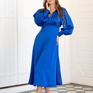Azurine Cobalt Blue Satin-feel Midi Dress With Long Sleeves - Etsy