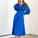 Azurine Cobalt Blue Satin-feel Midi Dress With Long Sleeves - Etsy